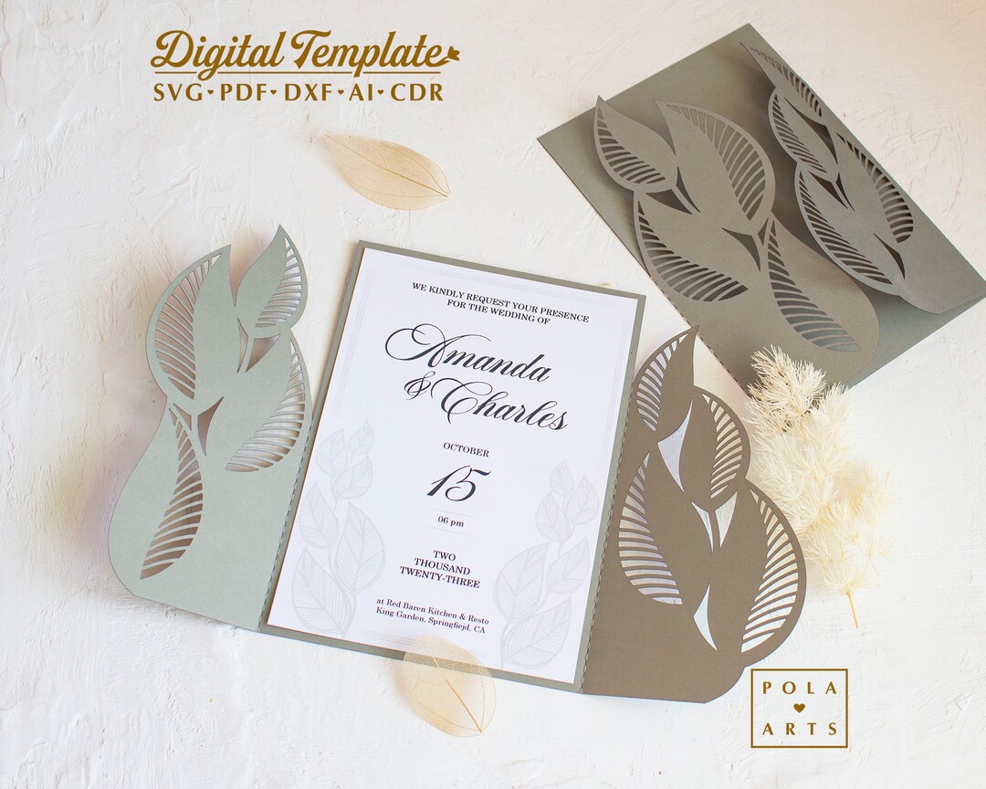 Wedding Invitation Svg Template, Dry Leaf Gatefold Invite Card ...