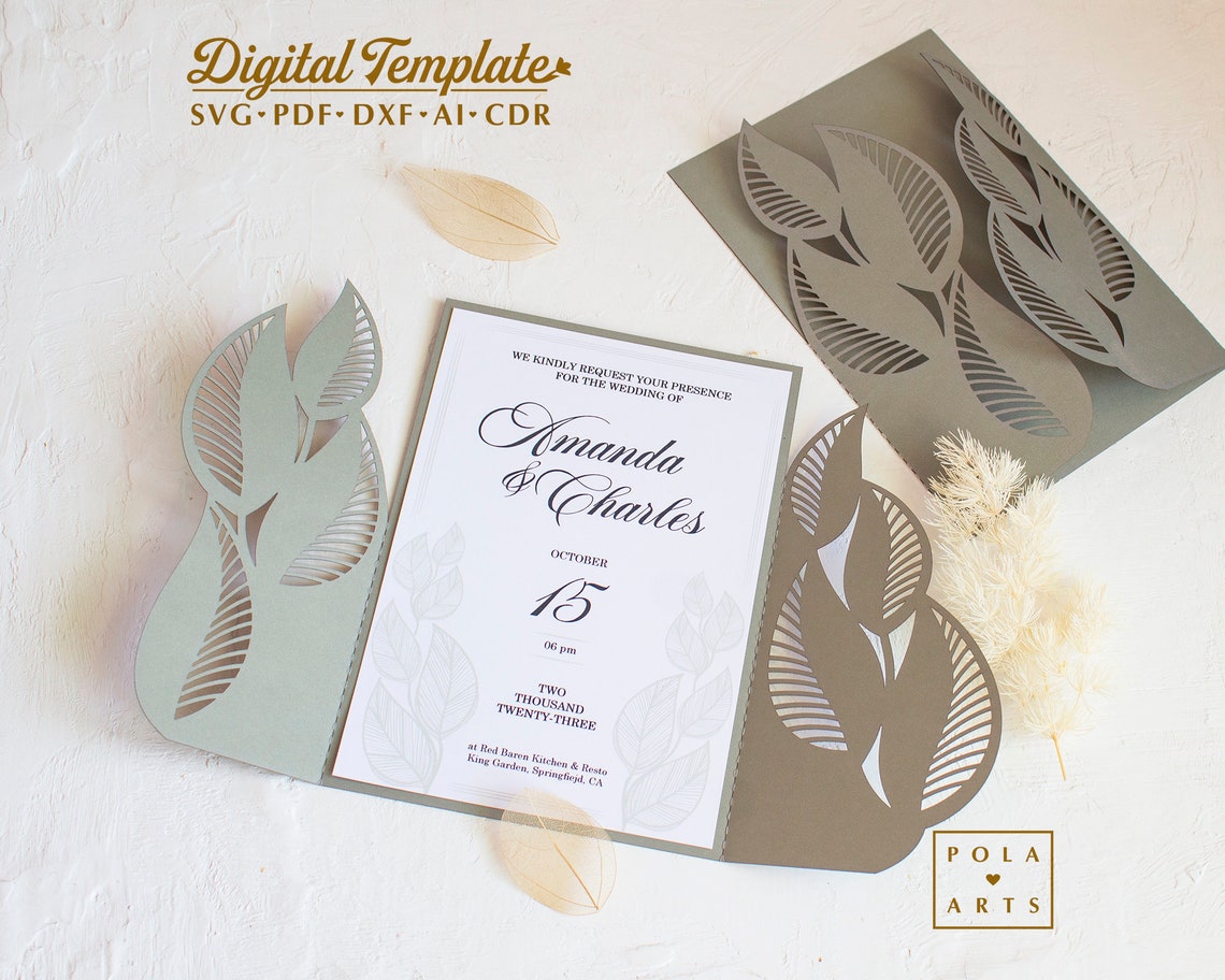 Wedding Invitation Svg Template, Dry Leaf Gatefold Invite Card ...