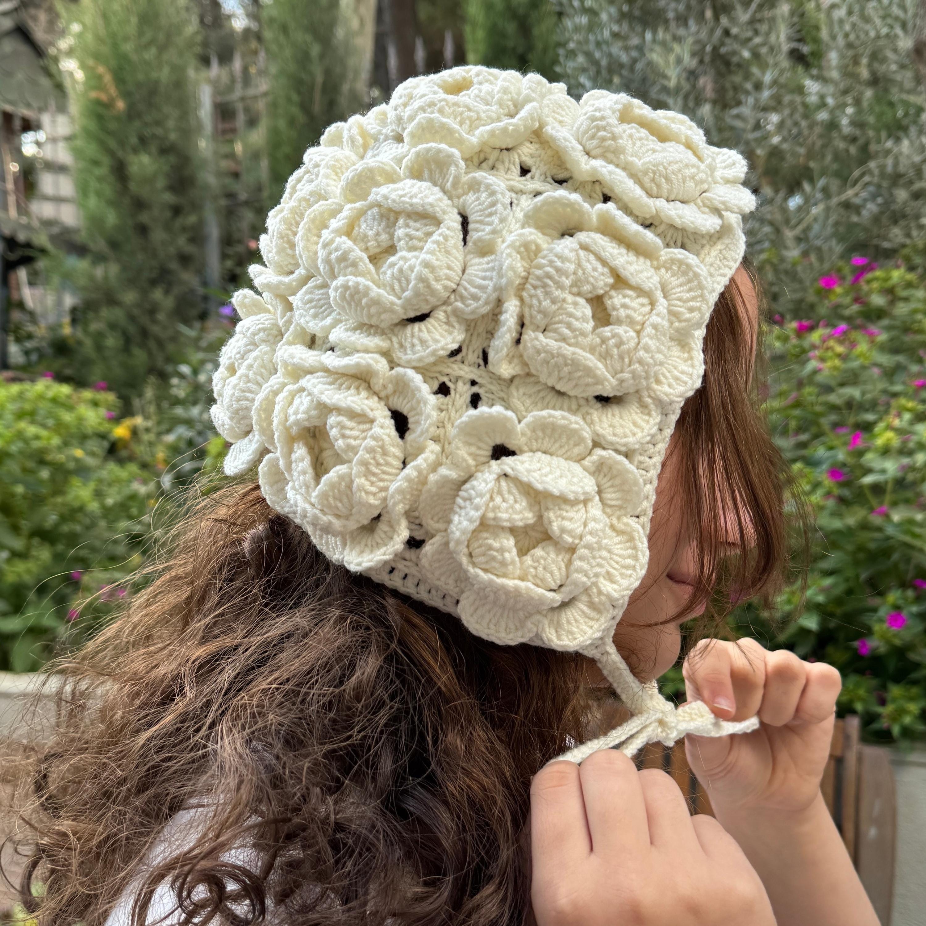 Cream Crochet Bonnet: Handmade 3D Rose Cottagecore Headwear - Etsy