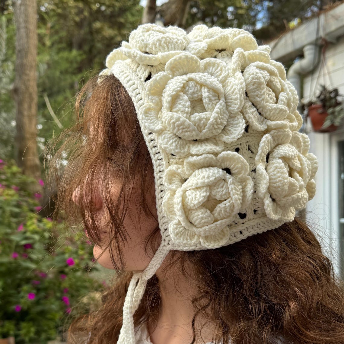 Cream Crochet Bonnet: Handmade 3D Rose Cottagecore Headwear - Etsy