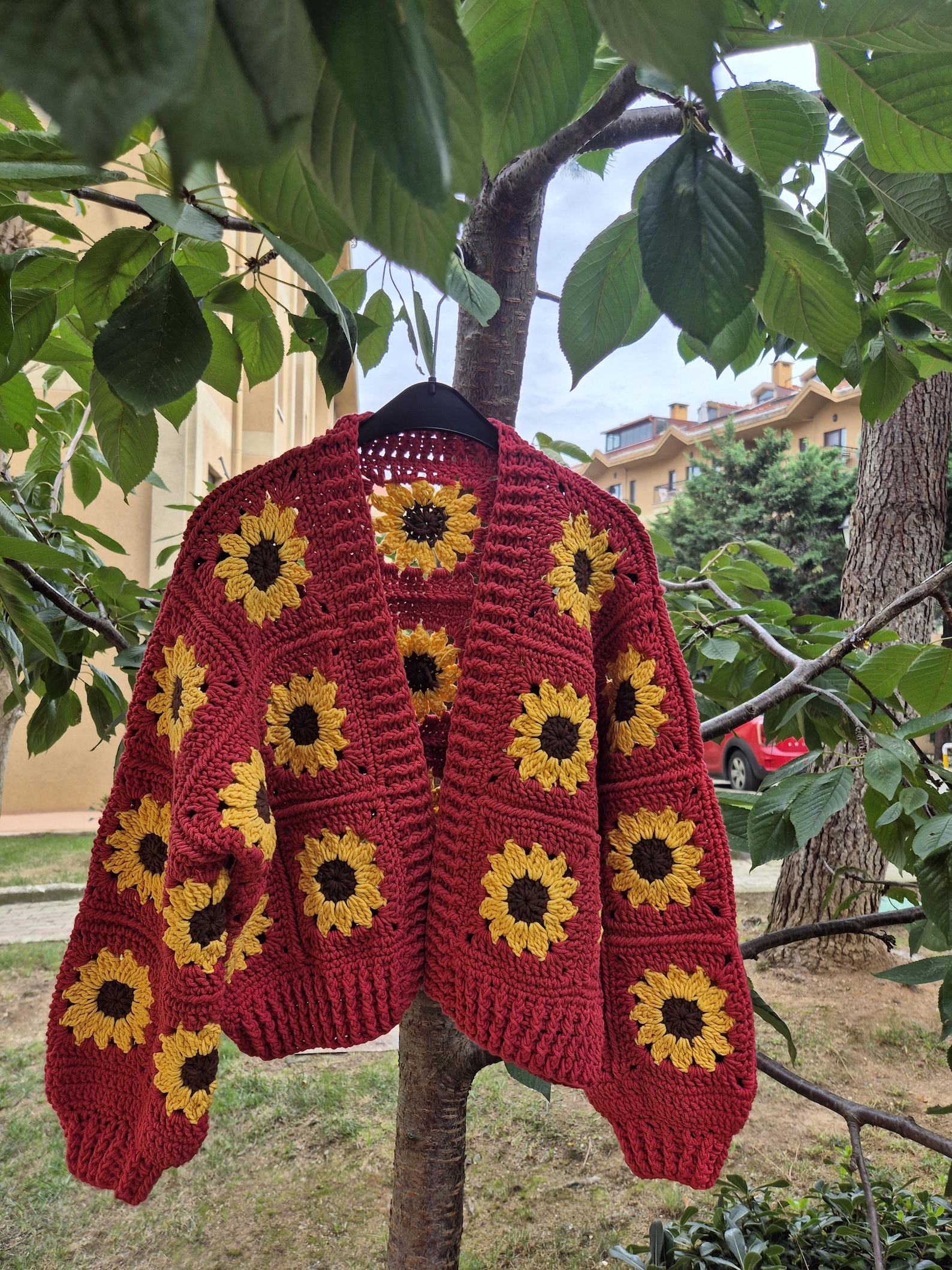 Handmade Raspberry Crochet Sunflower Cardigan – Boho Floral Sweater ...