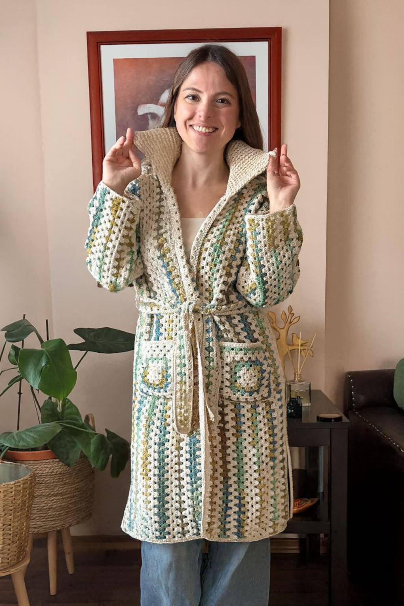 Handmade Granny Square Belted Cardigan With Pockets – Cozy Crochet Long ...
