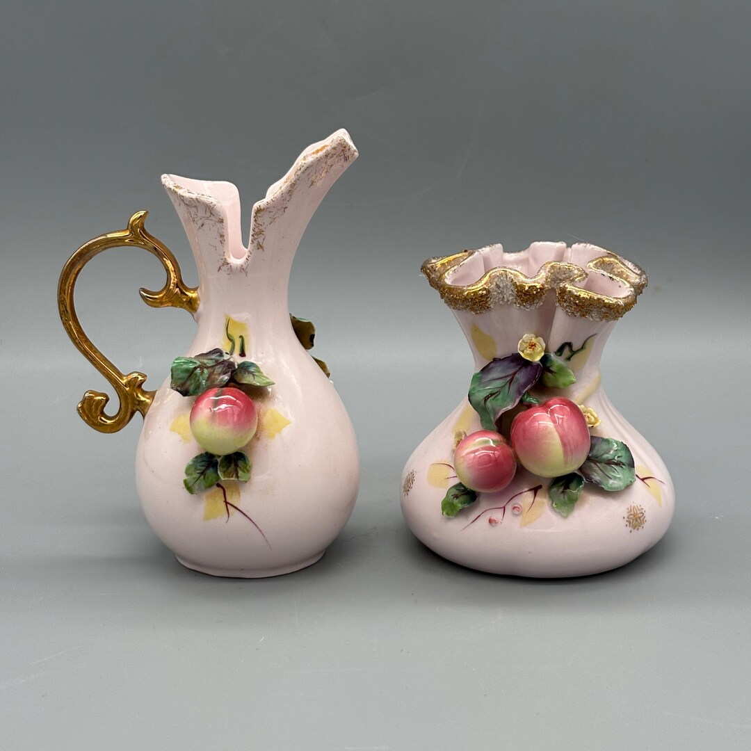 Vintage Lefton China Japan Hand Painted Peach Fruit Vase and Pitcher ...