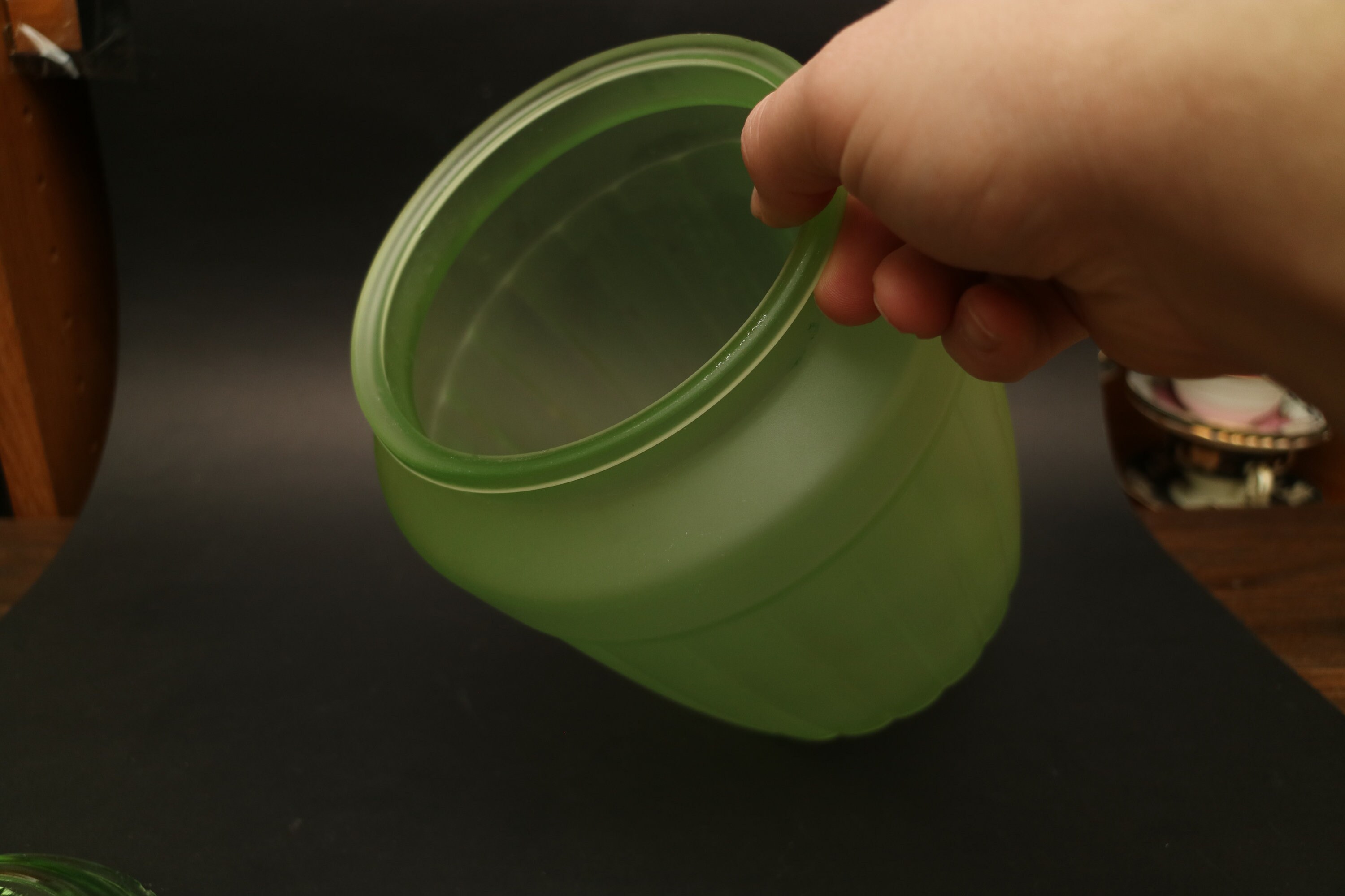 Vintage Uranium Satin Glass Cookie Cracker Biscuit Jar Frosted Green ...