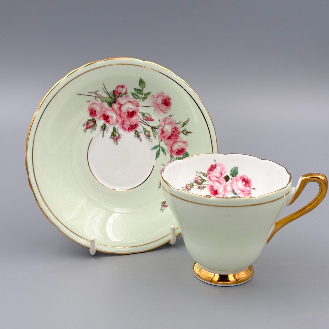 Vintage Sutherland Bone China Tea Cup and Saucer Pink Rose Design Gold ...