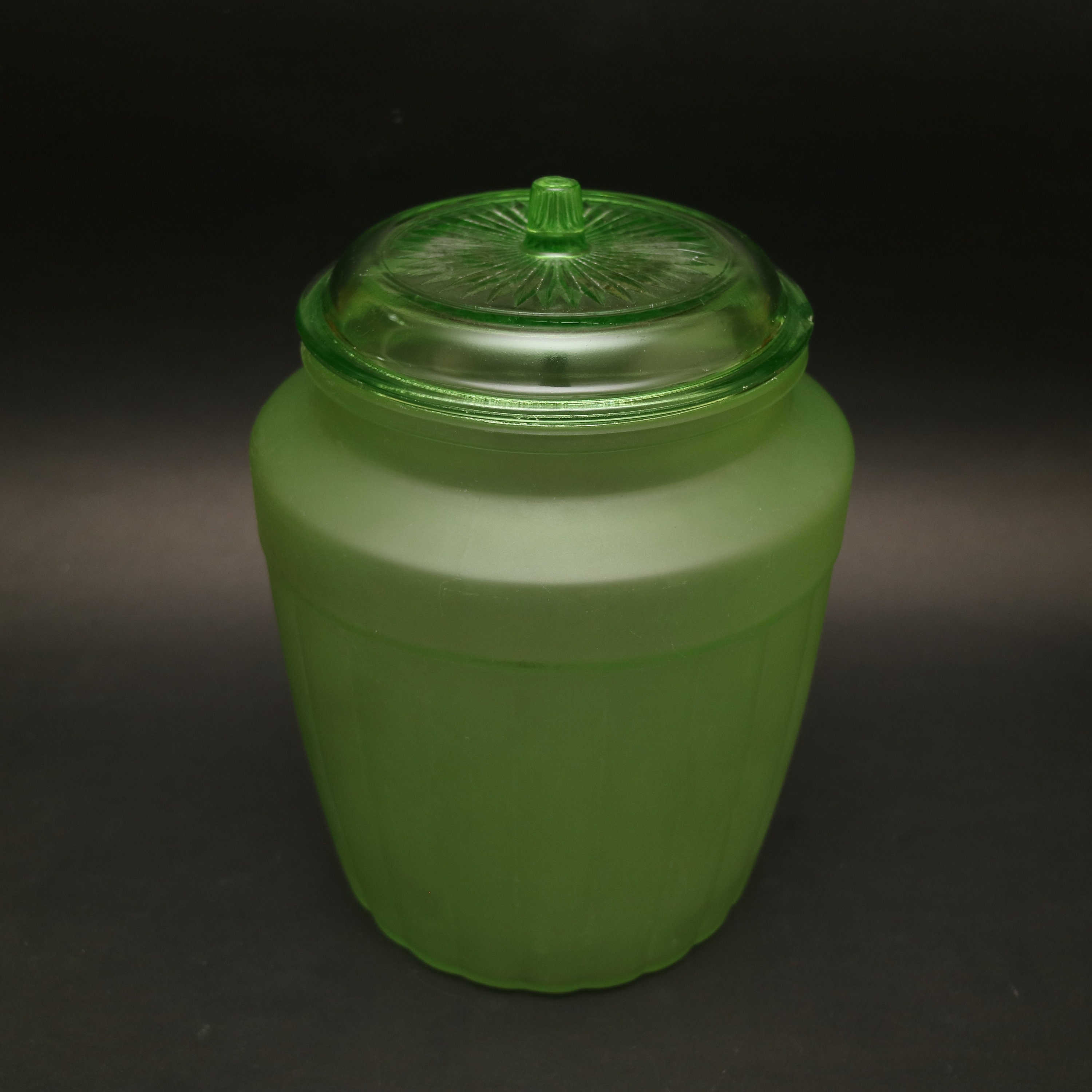 Vintage Uranium Satin Glass Cookie Cracker Biscuit Jar Frosted Green ...