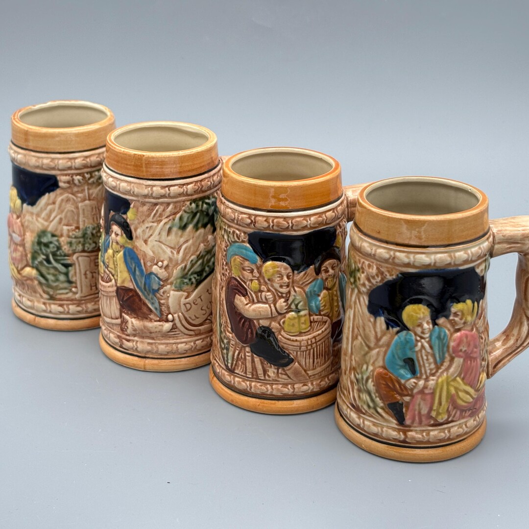 Vintage German Beer Steins Set of 4 Hand Painted Relief Mugs With ...