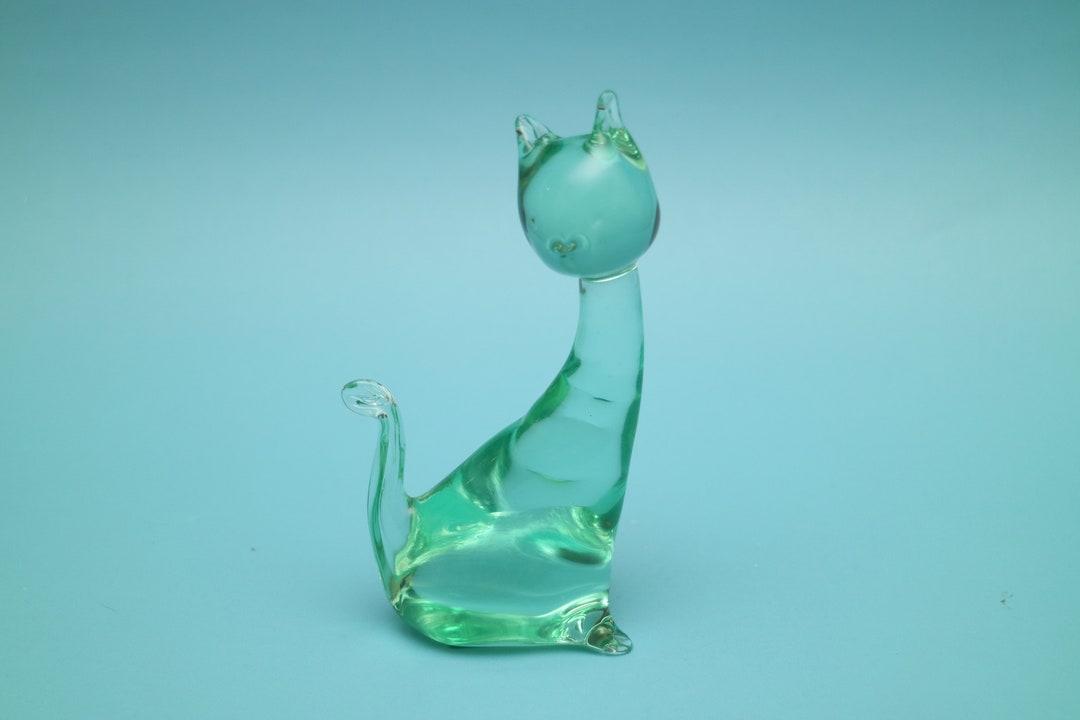 Vintage Blown Glass Cat Figurine Green Cat Sitting Cat Manganese Glow ...