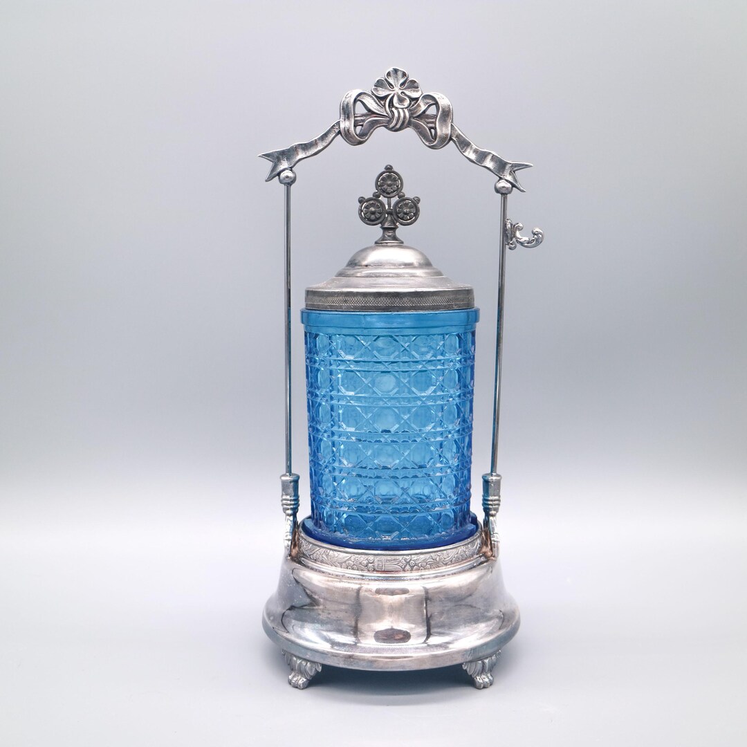 Antique Victorian Fancy Ornate Pickle Castor Blue Glass Insert Meriden ...