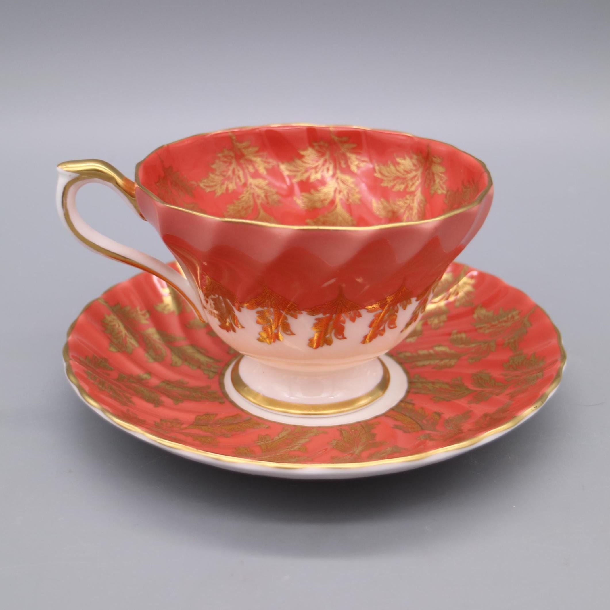 Vintage Aynsley Bright Pink Teacup and Saucer Set Swirl Gold Leaf ...