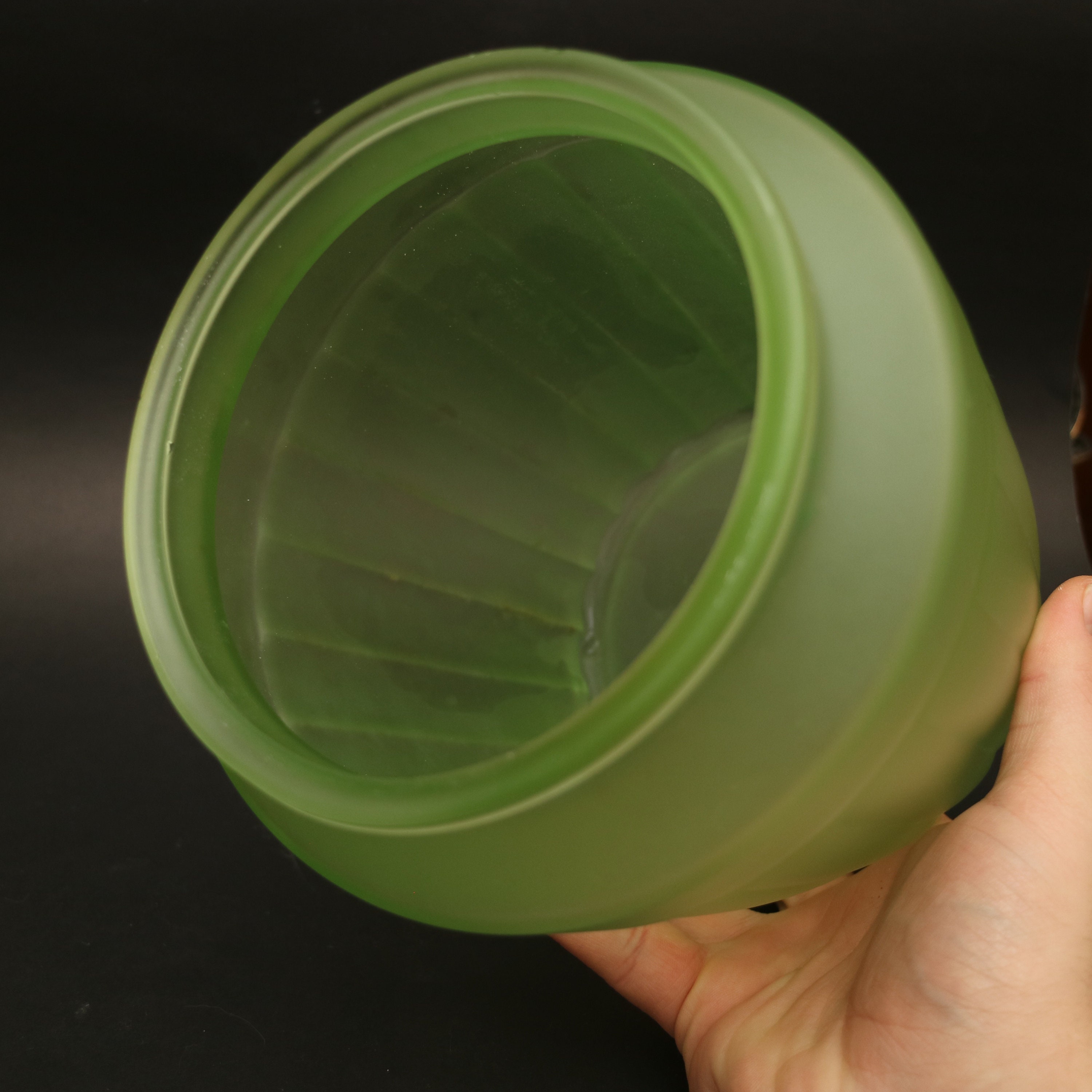 Vintage Uranium Satin Glass Cookie Cracker Biscuit Jar Frosted Green ...