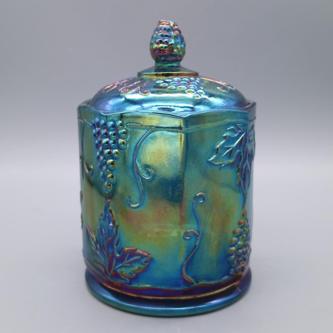Vintage Blue Iridescent Carnival Glass Jar With Lid, Indiana Glass ...