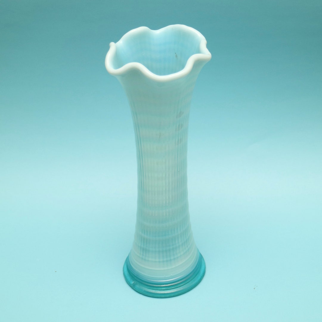 Vintage Blue Opalescent Glass 9 Glass Rib Vase, Vintage Iridescent Blue Ruffled Rim Vase - Etsy
