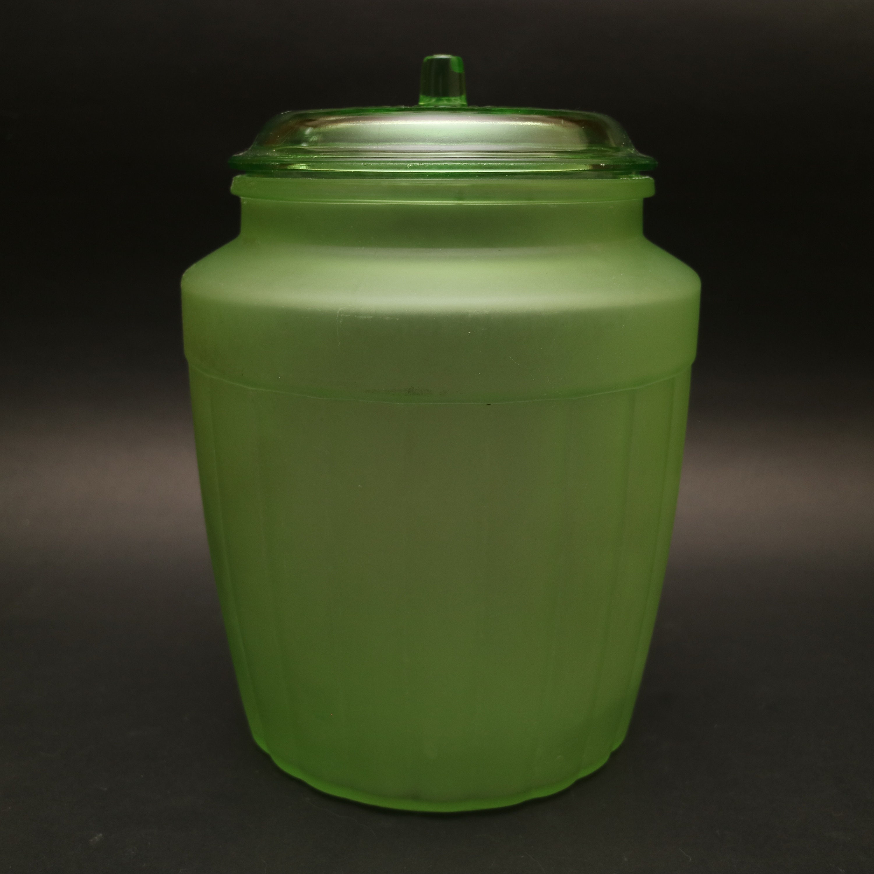 Vintage Uranium Satin Glass Cookie Cracker Biscuit Jar Frosted Green ...