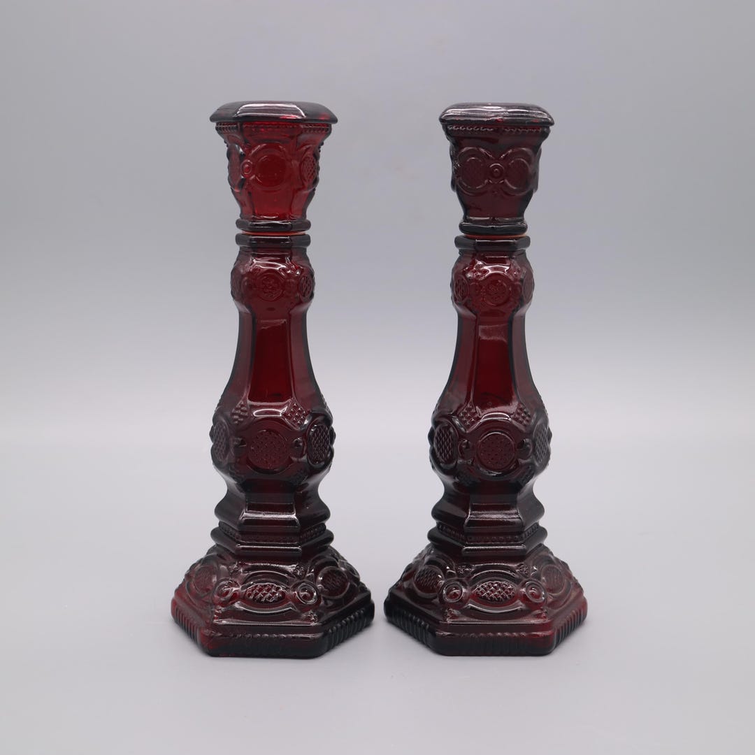 Vintage Cape Cod Collection Red Candle Holders AVON 1970s Pair, AVON Ruby Red Glass Candlestick ...