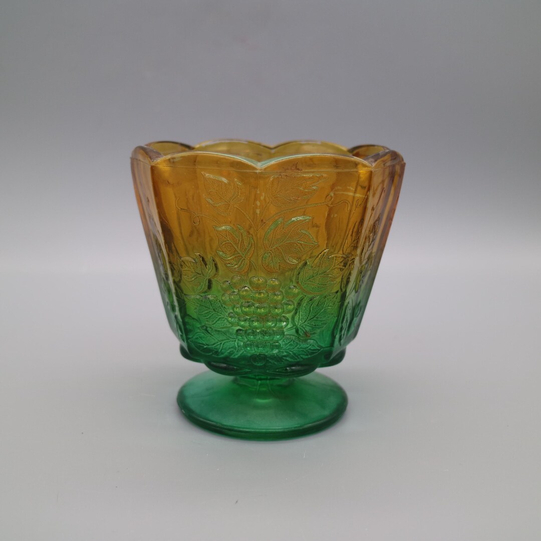 Vintage Tri-color Glass Footed Dish Compote ~ Green & Yellow ~ Embossed ...