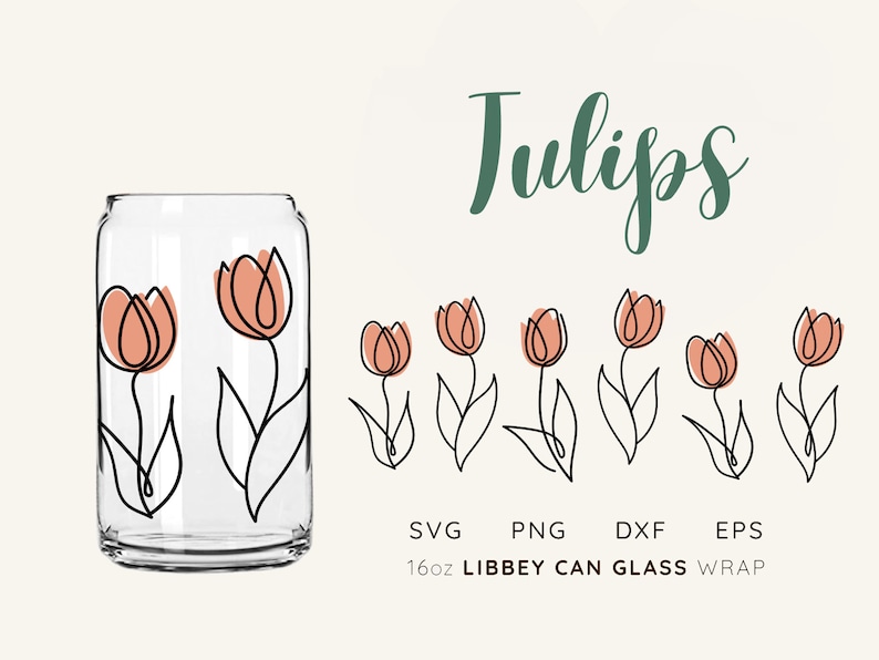 Tulips Line Art, 16oz Libbey Can Wrap Svg, Flower Bouquet Svg, Tulips ...