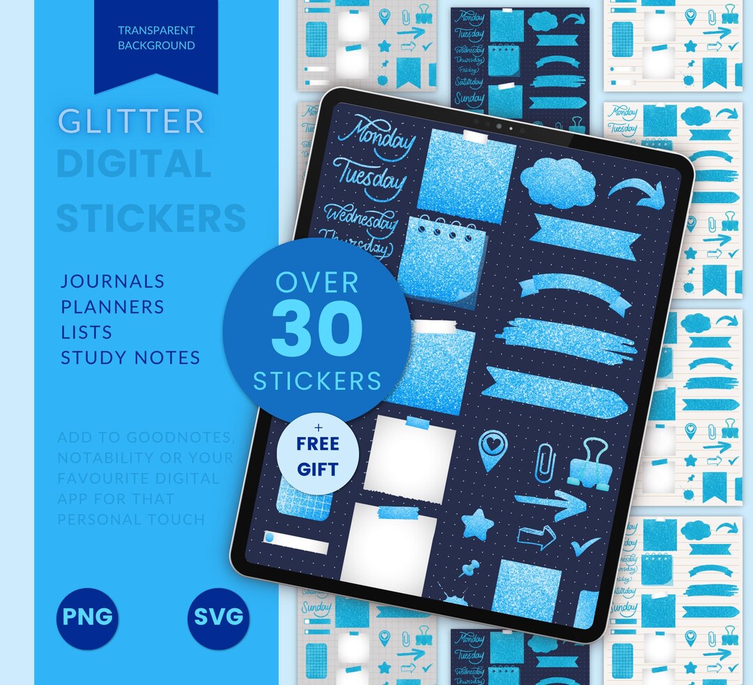 Bright Blue Glitter Digital Stickers: Planner Stationery Bundle (PNG ...