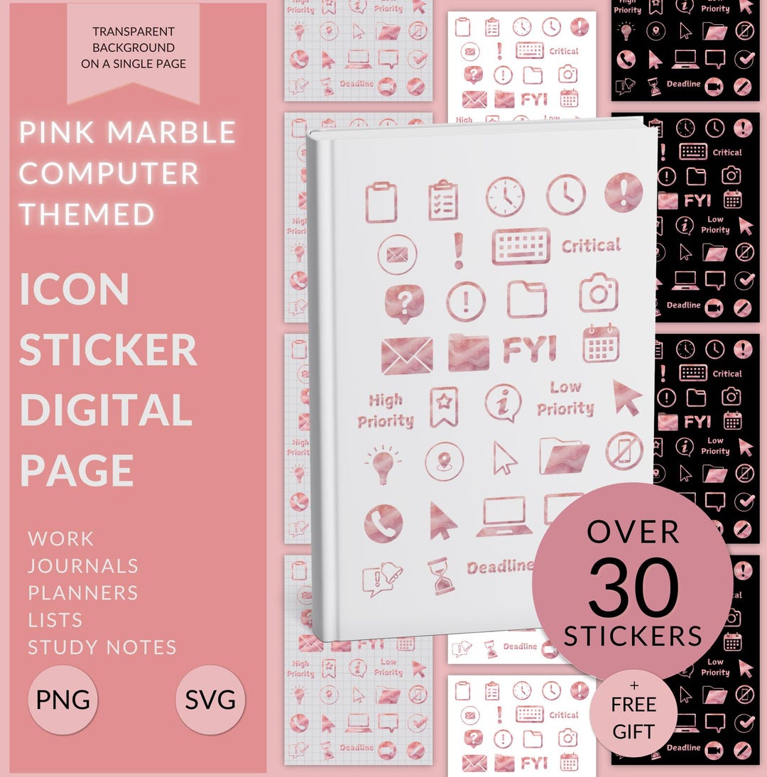 Pink Marble Computer Icon Stickers: Digital Planner Bundle (PNG & SVG ...