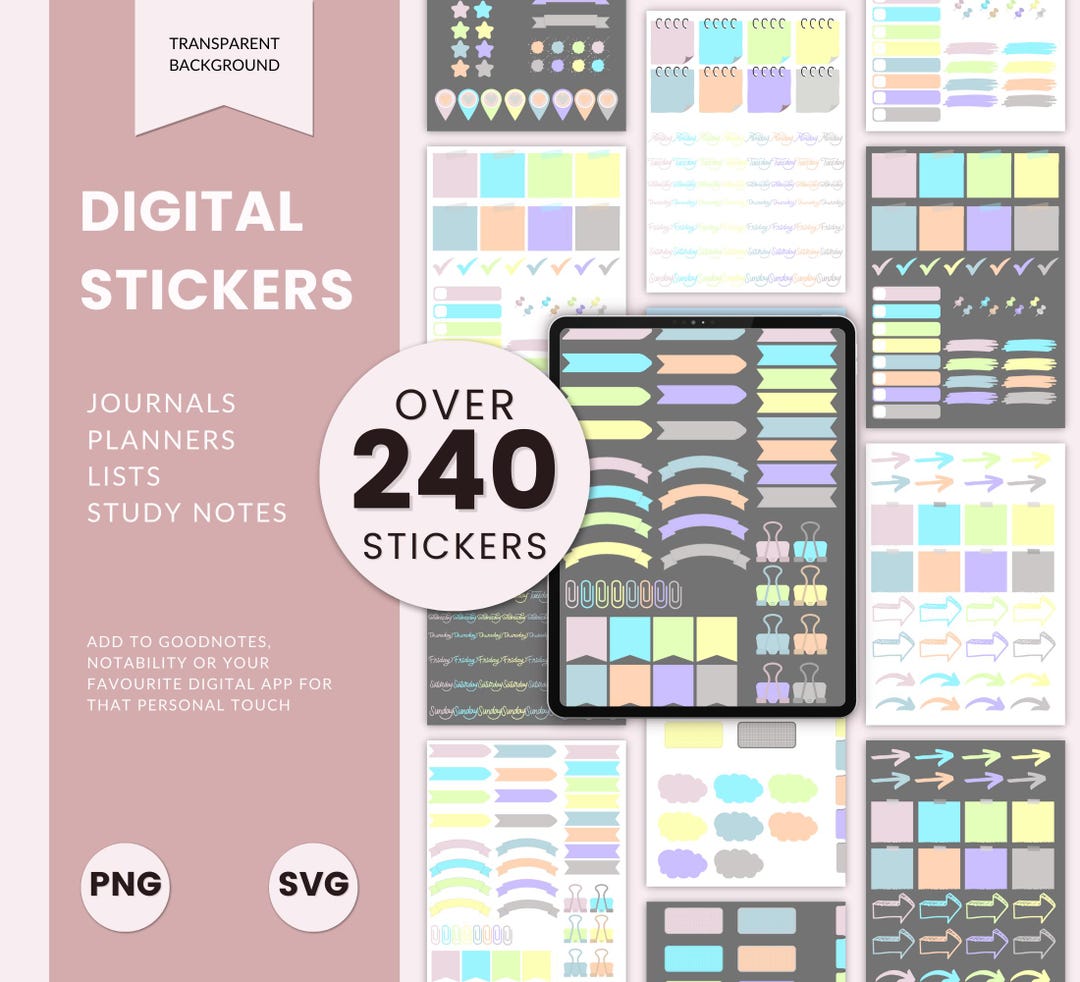 Pastel Digital Stickers: Planner & Journal Bundle (PNG, SVG) - Etsy