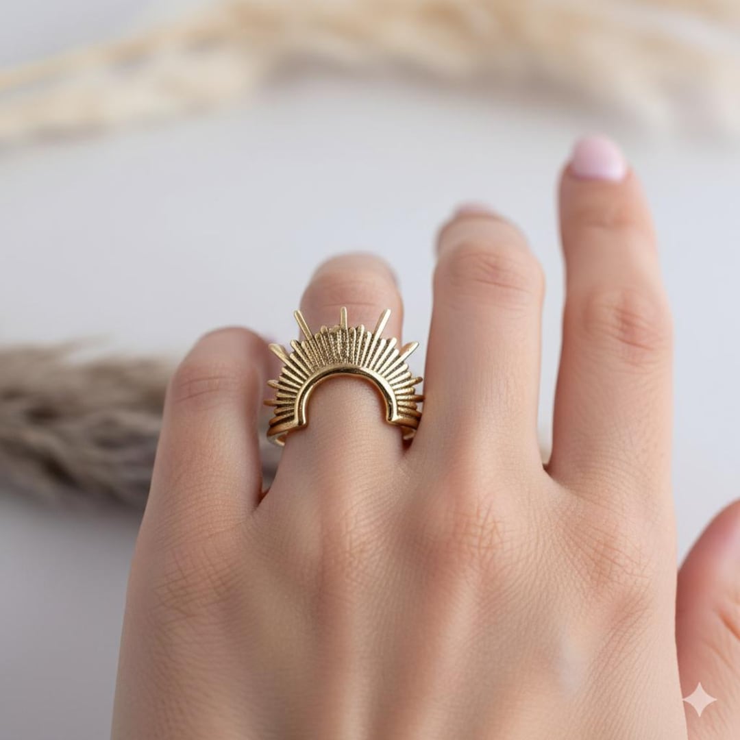 14k Solid Gold Sunshine Ring – Curved Contour Band – Solitaire Ring ...