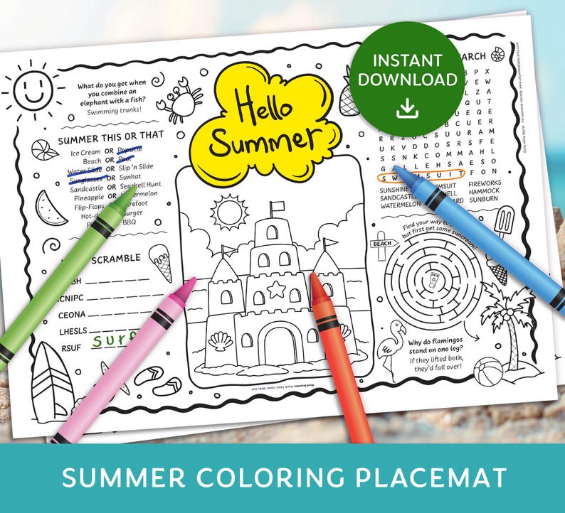 Summer Activity Placemat, Printable Summer Party Coloring Activity ...