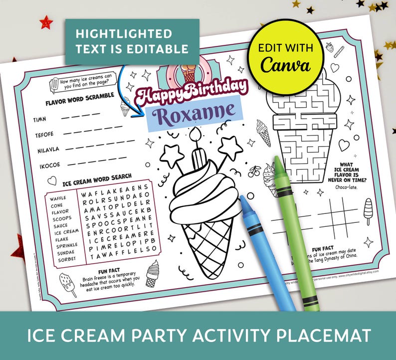 Ice Cream Birthday Activity Placemat, Ice Cream Coloring Activity ...