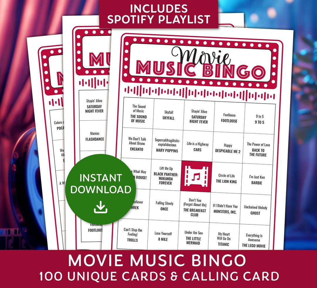 Movie Music Bingo Game With Spotify Playlist, Movie Night Bingo, Movie ...