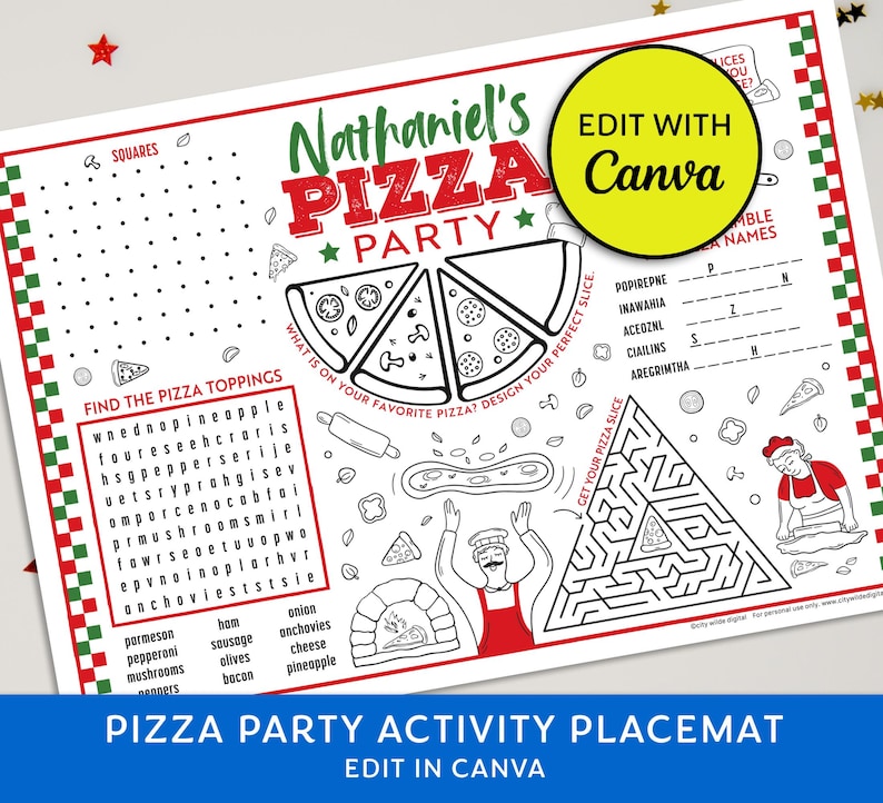 Pizza Party Placemat, Editable Party Activity Placemat, Personalised ...