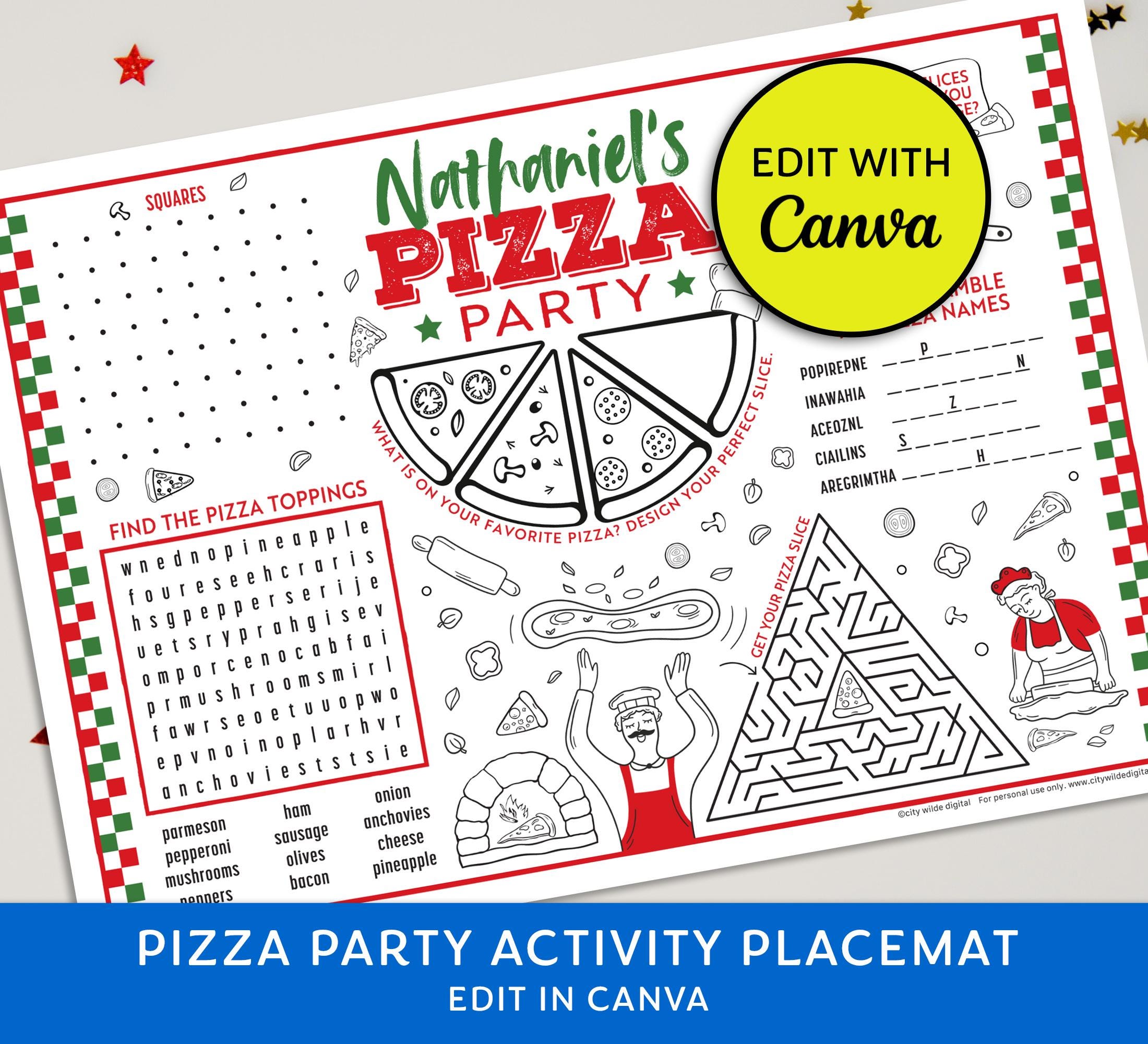 Pizza Party Placemat, Editable Party Activity Placemat, Personalised ...