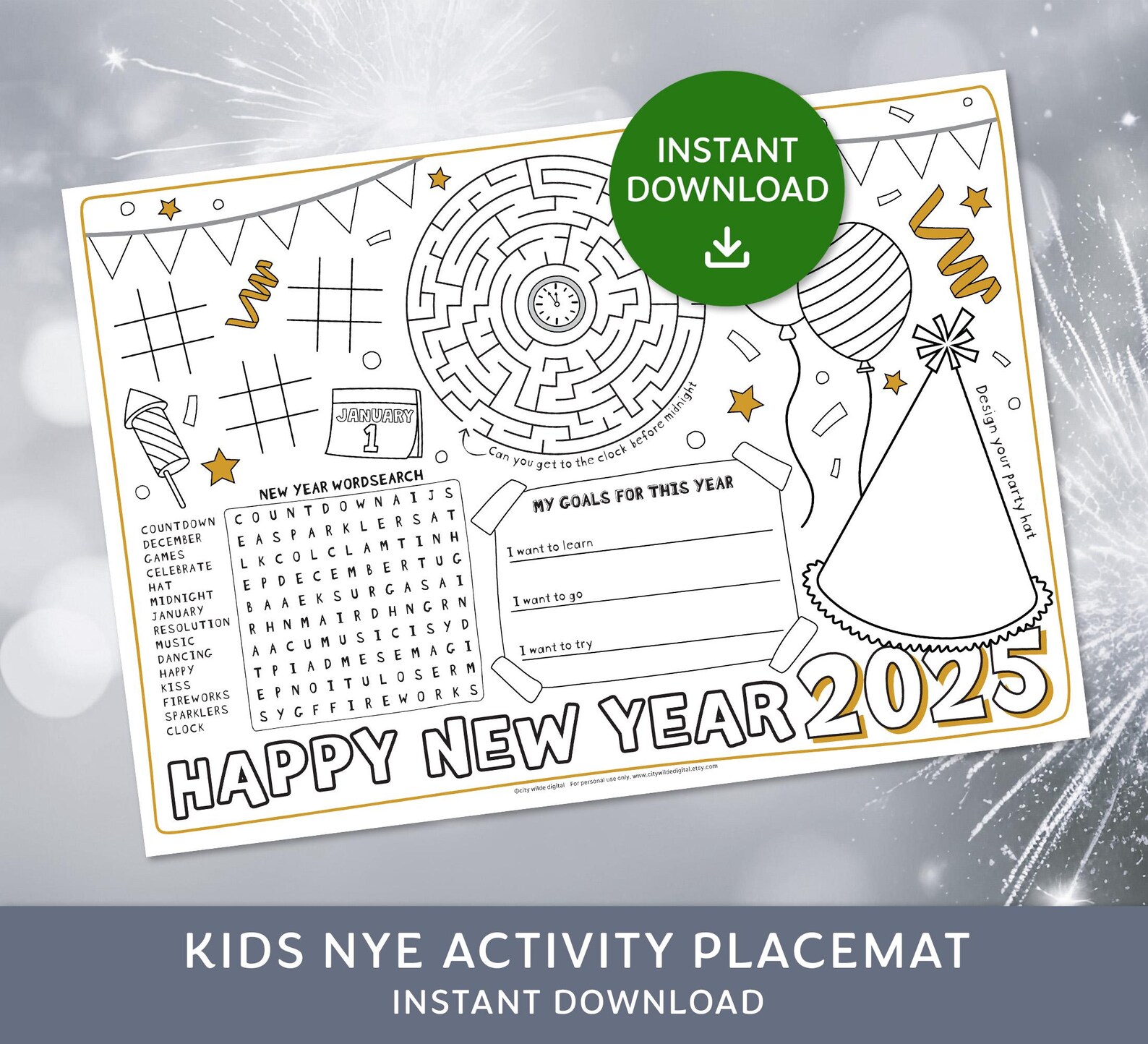 2025 New Years Eve Activity Placemat, New Years Activity Sheet, New ...