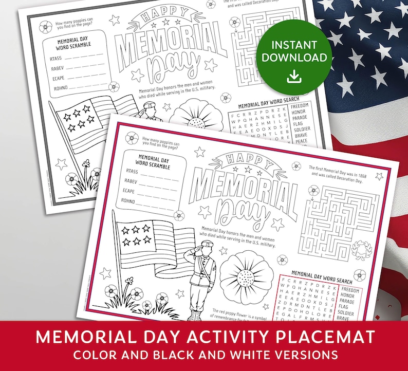 Memorial Day Activity Placemat, Memorial Day Coloring Activity ...