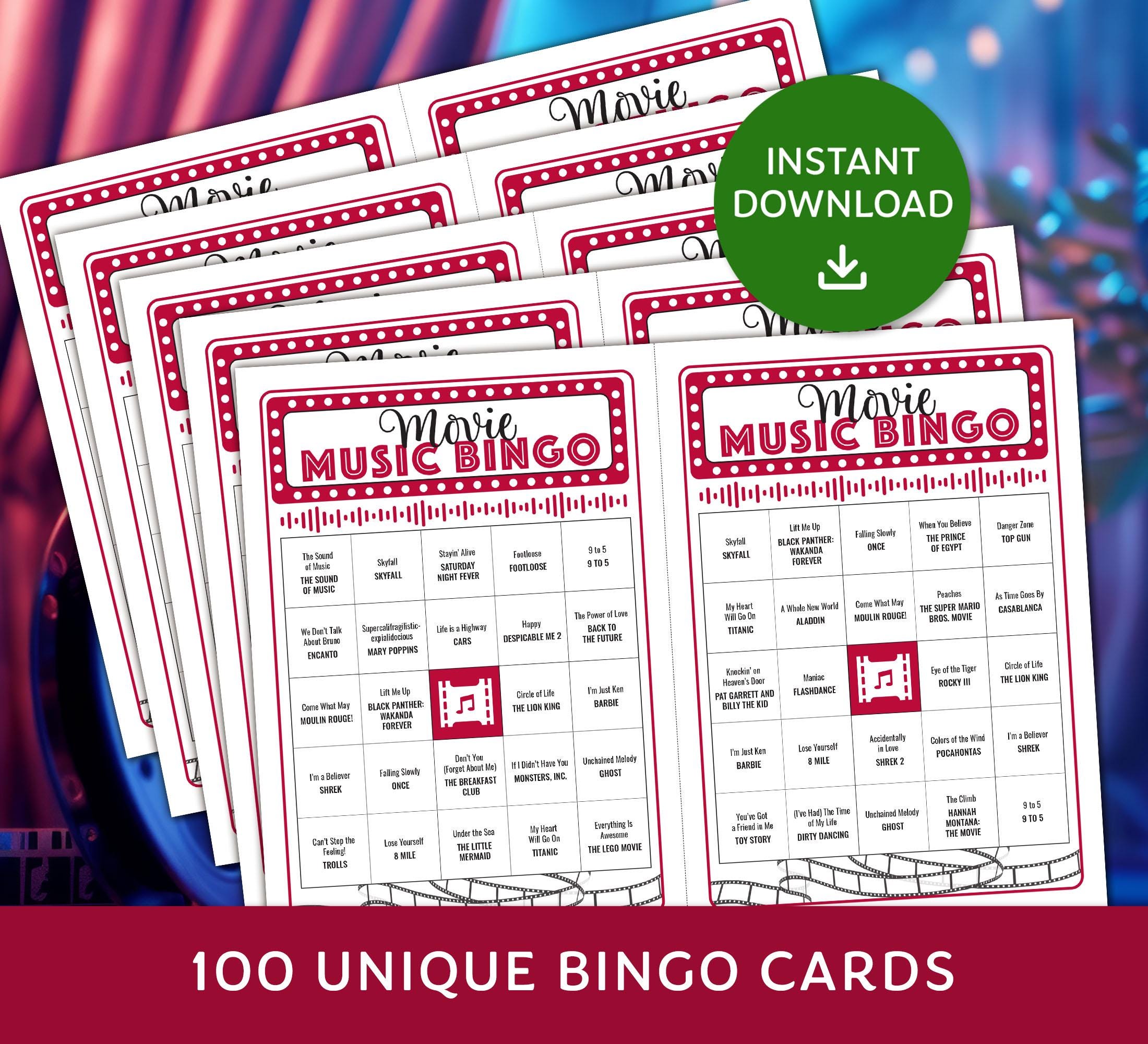 Movie Music Bingo Game With Spotify Playlist, Movie Night Bingo, Movie ...