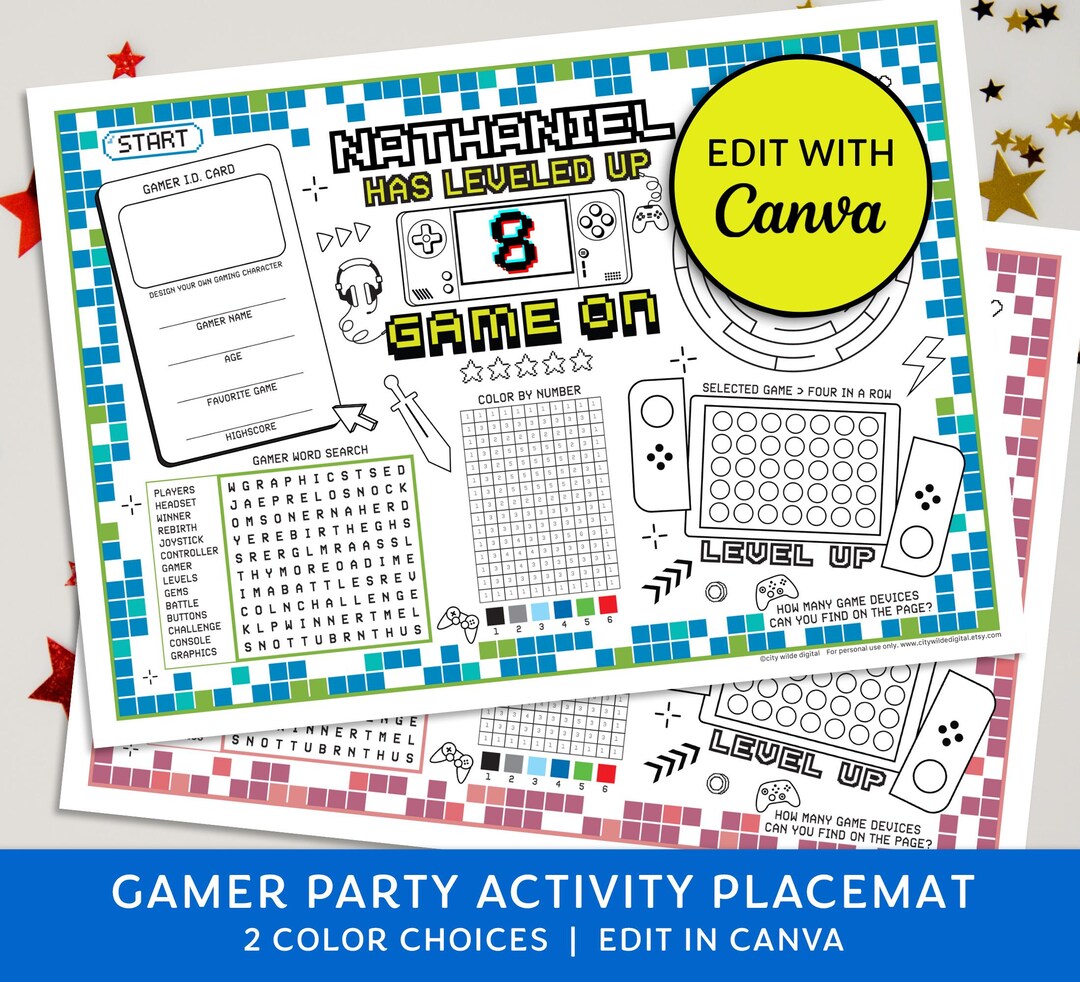 Gaming Party Placemat, Editable Party Activity Placemat, Personalised ...