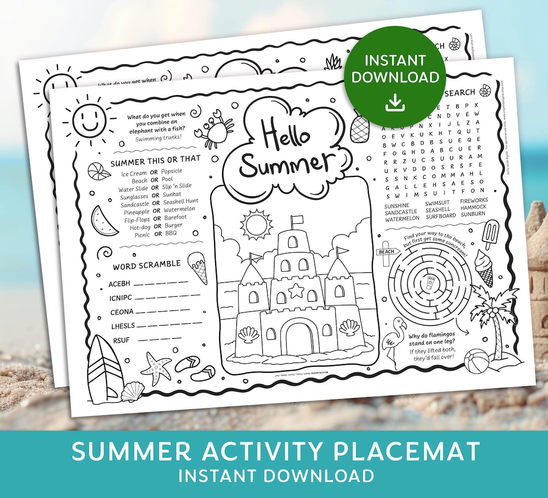 Summer Activity Placemat, Printable Summer Party Coloring Activity ...