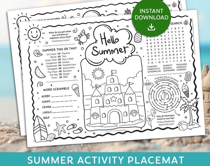 Summer Games Activity Placemat Printable, Summer Party Craft Coloring ...
