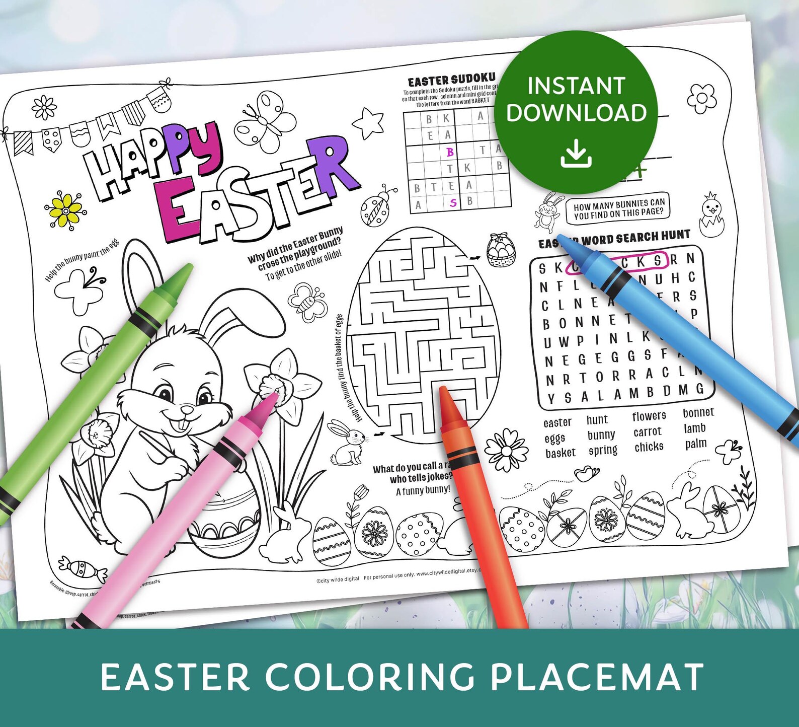 Easter Activity Placemat, Easter Coloring Placemat, Printable Easter ...
