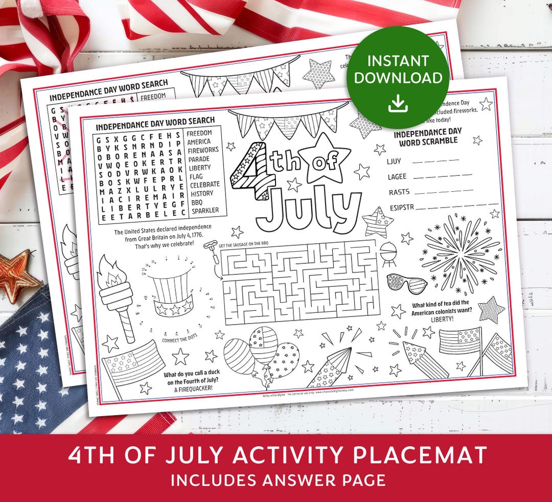4th of July Activity Placemat, Fourth of July Games, Independence Day ...