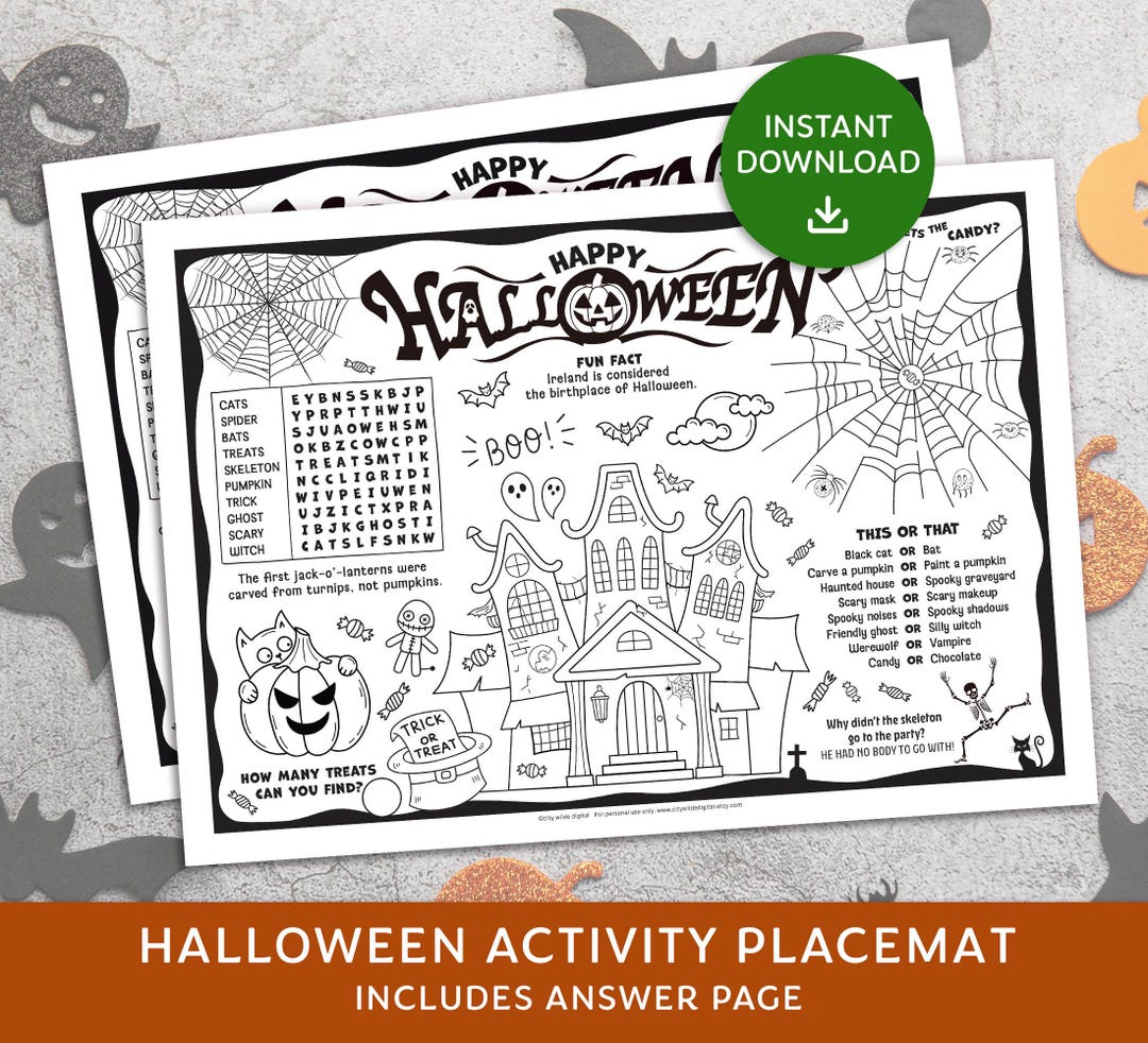 Halloween Activity Placemat, Halloween Party Coloring Activity Placemat ...