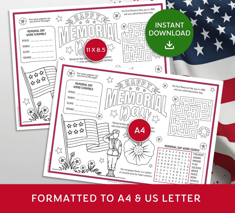 Memorial Day Activity Placemat, Memorial Day Coloring Activity ...