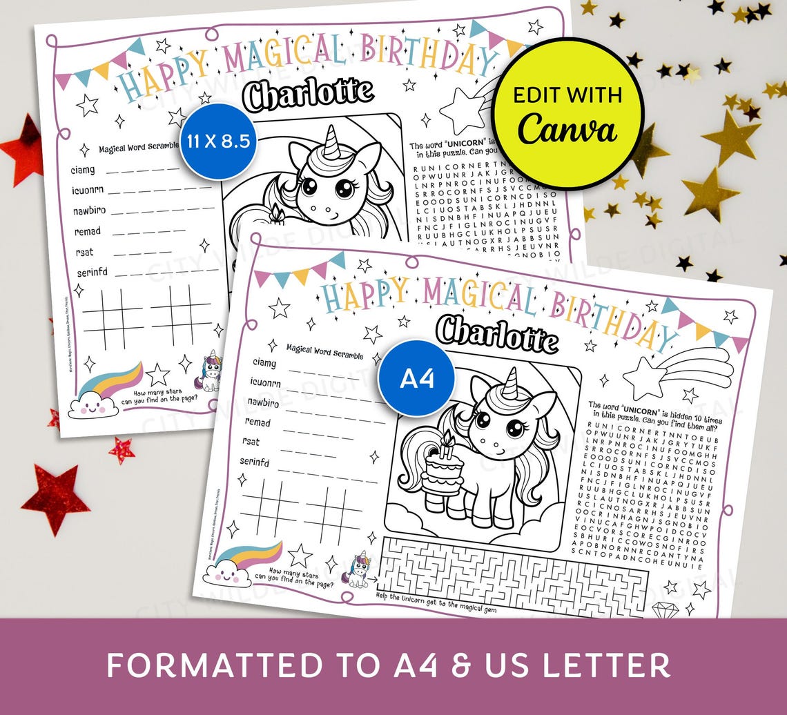 Unicorn Party Placemat, Rainbow Themed Party Activity Placemat, Girls ...
