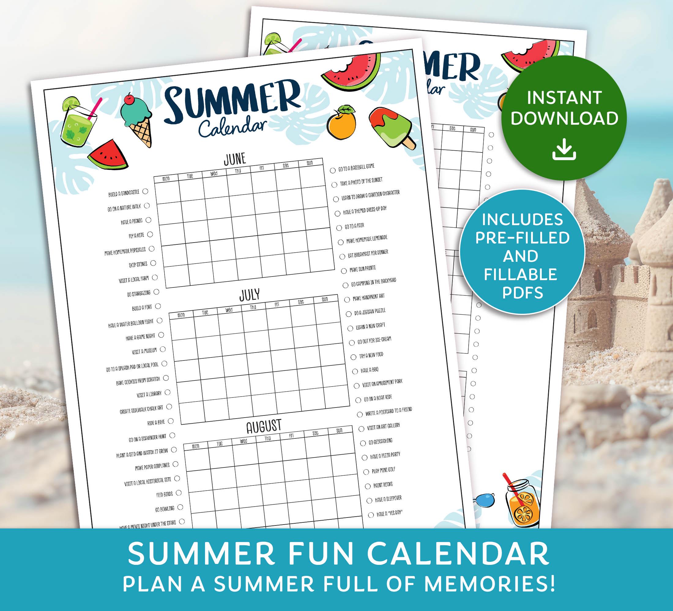 Summer Planner Calendar, Summer Activities Calendar, Summer Bucket List ...
