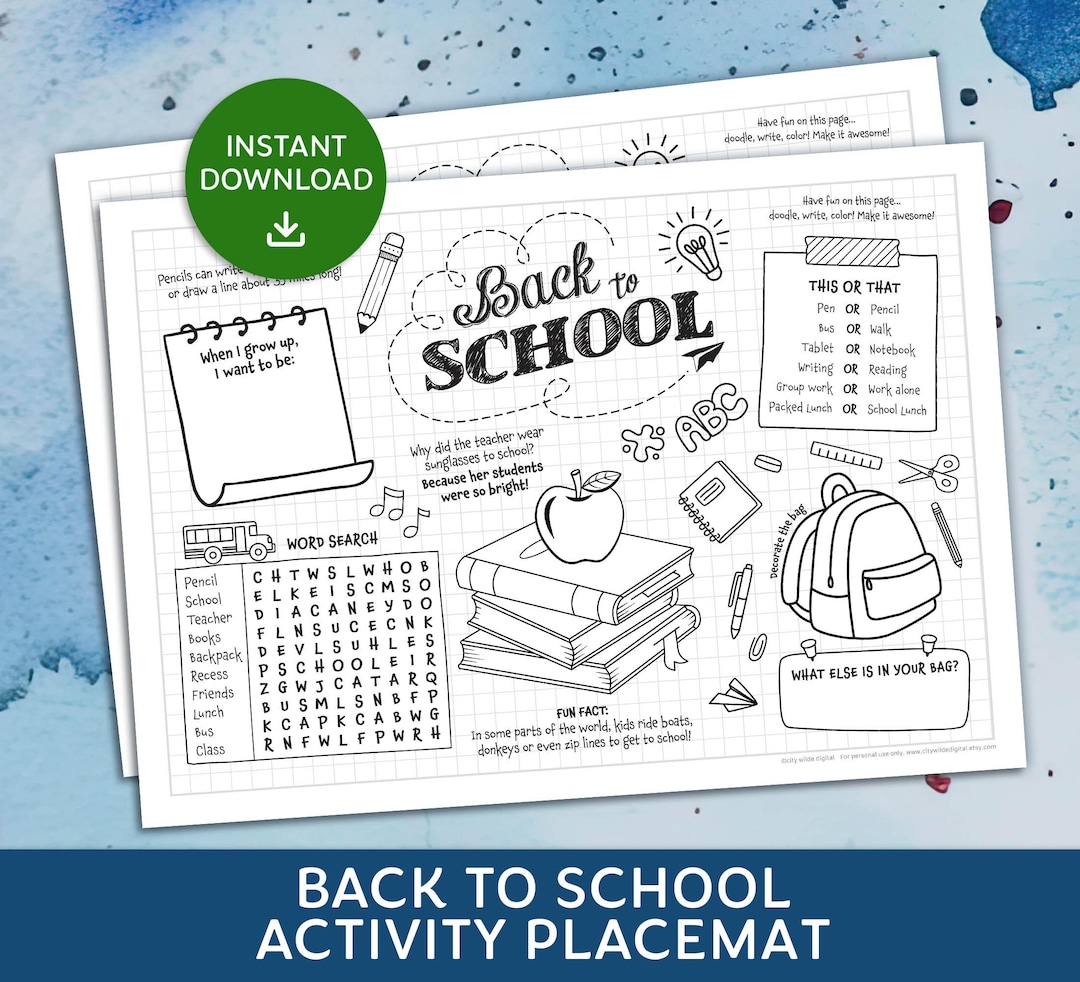 Back to School Activity Placemat, Classroom Coloring Activity Placemat ...