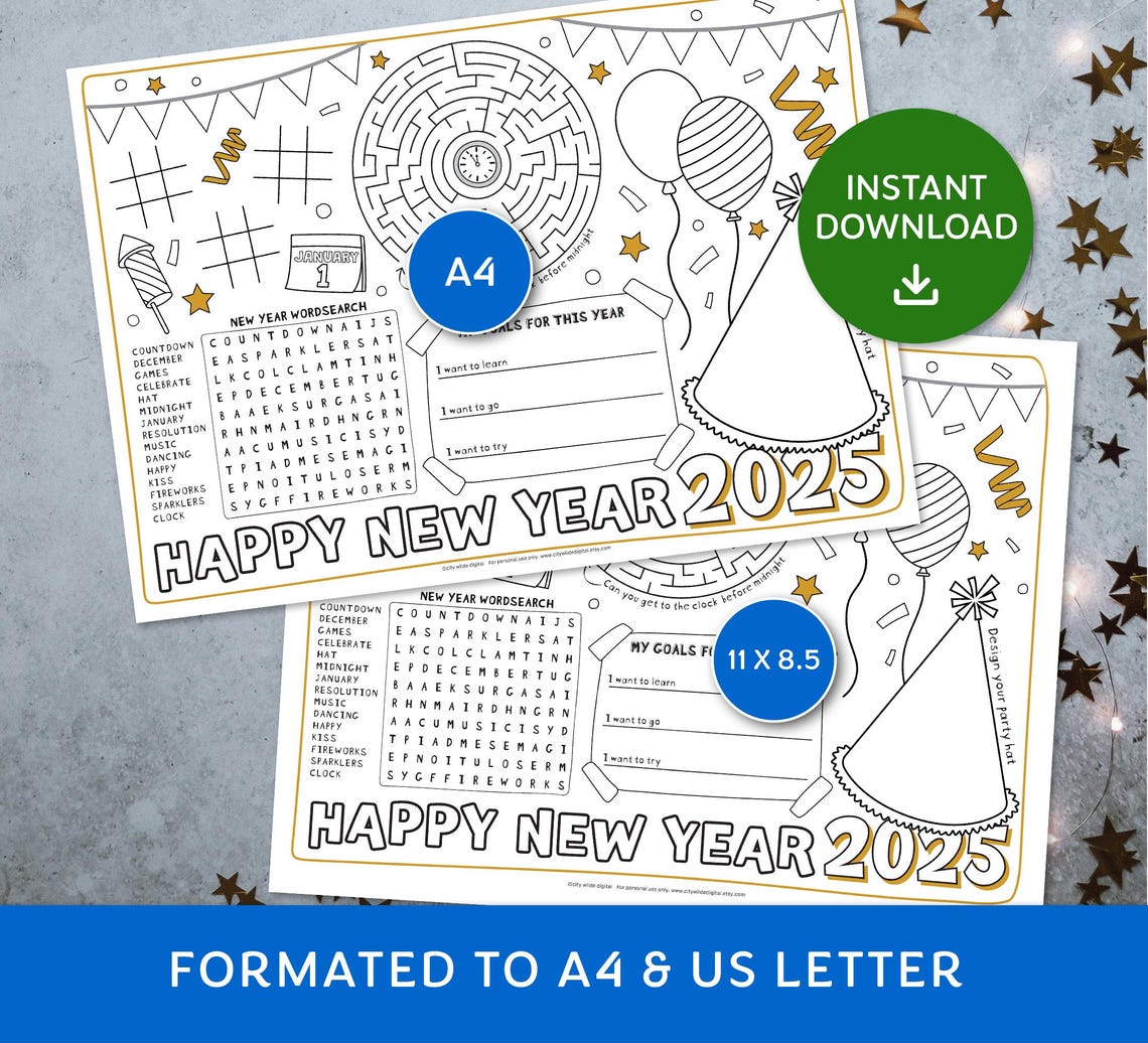2025 New Years Eve Activity Placemat, New Years Activity Sheet, New ...