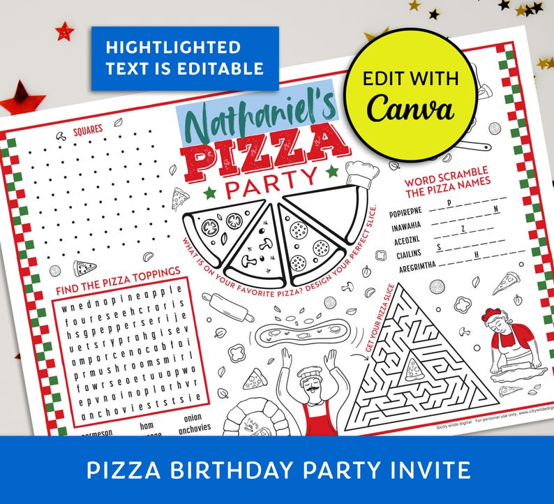 Pizza Party Placemat, Editable Party Activity Placemat, Personalised ...