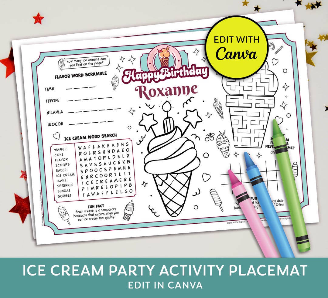 Ice Cream Birthday Activity Placemat, Ice Cream Coloring Activity ...