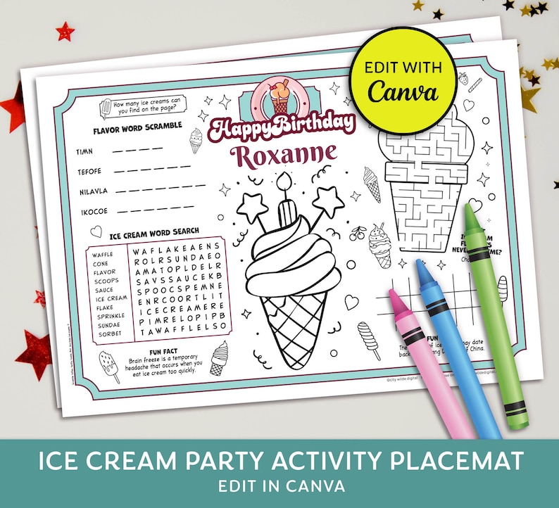 Ice Cream Birthday Activity Placemat, Ice Cream Coloring Activity ...