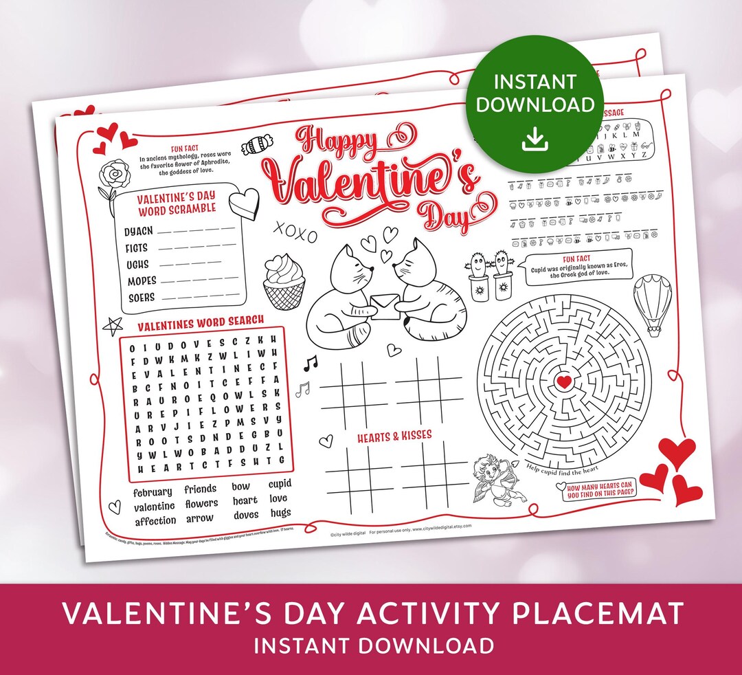 Valentine's Day Activity Placemat, Saint Valentine Coloring Activity ...