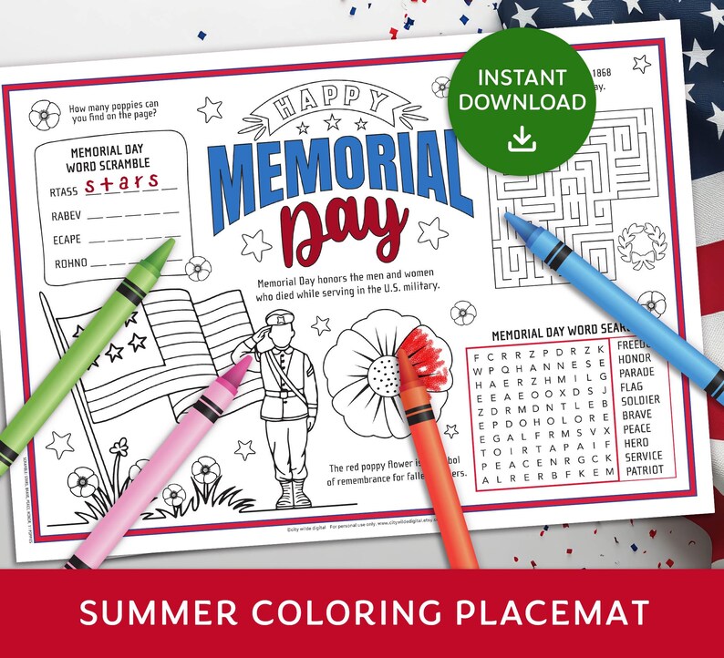 Memorial Day Activity Placemat, Memorial Day Coloring Activity ...