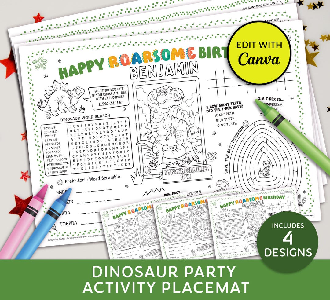 Dinosaur Birthday Placemat, Dinosaur Trex Party Activity Sheet ...